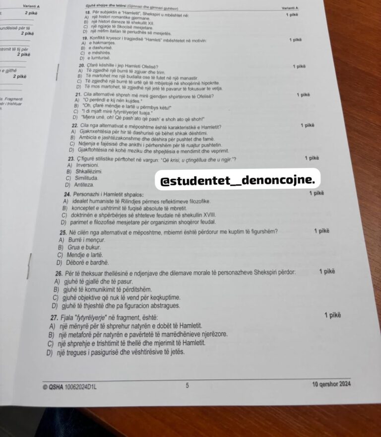 Matura 2024: Teza e Gjuhës Shqipe dhe Letërsisë – Studentet