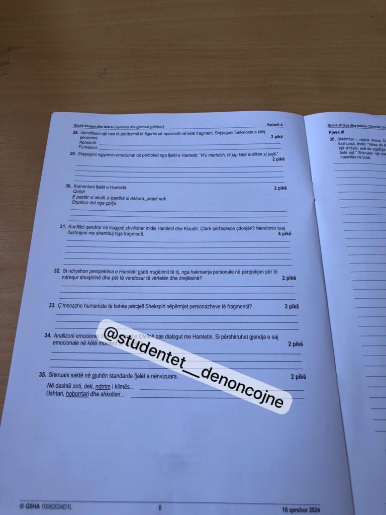 Matura 2024: Teza e Gjuhës Shqipe dhe Letërsisë – Studentet